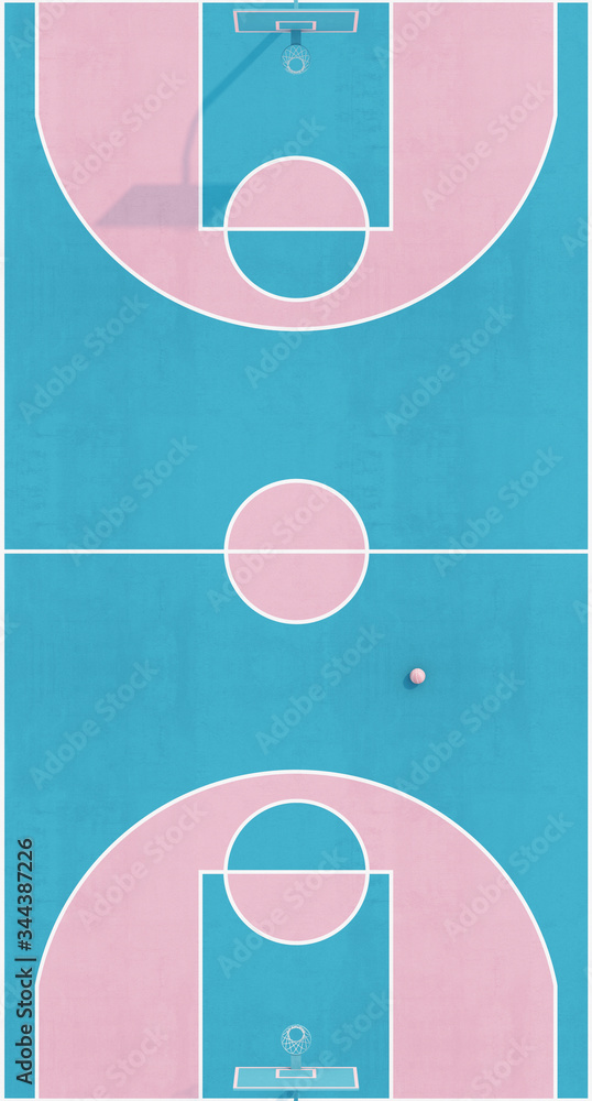 Aerial view abstract pastel pink blue color basketball court with hoop ...