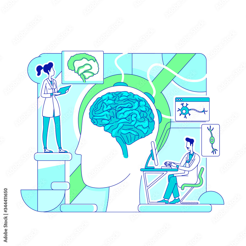 Brain study thin line concept vector illustration. Scientists ...