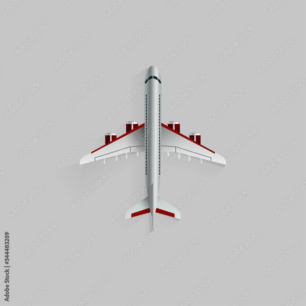 Top view colour of airplane. Include cockpit, 4 jet engine, fuselage ...