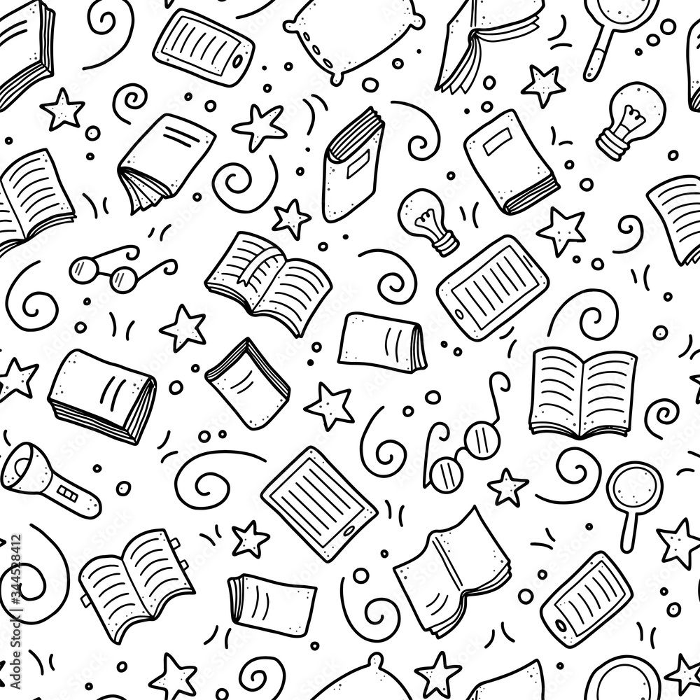 Hand drawn seamless pattern of book doodle elements, education symbols ...