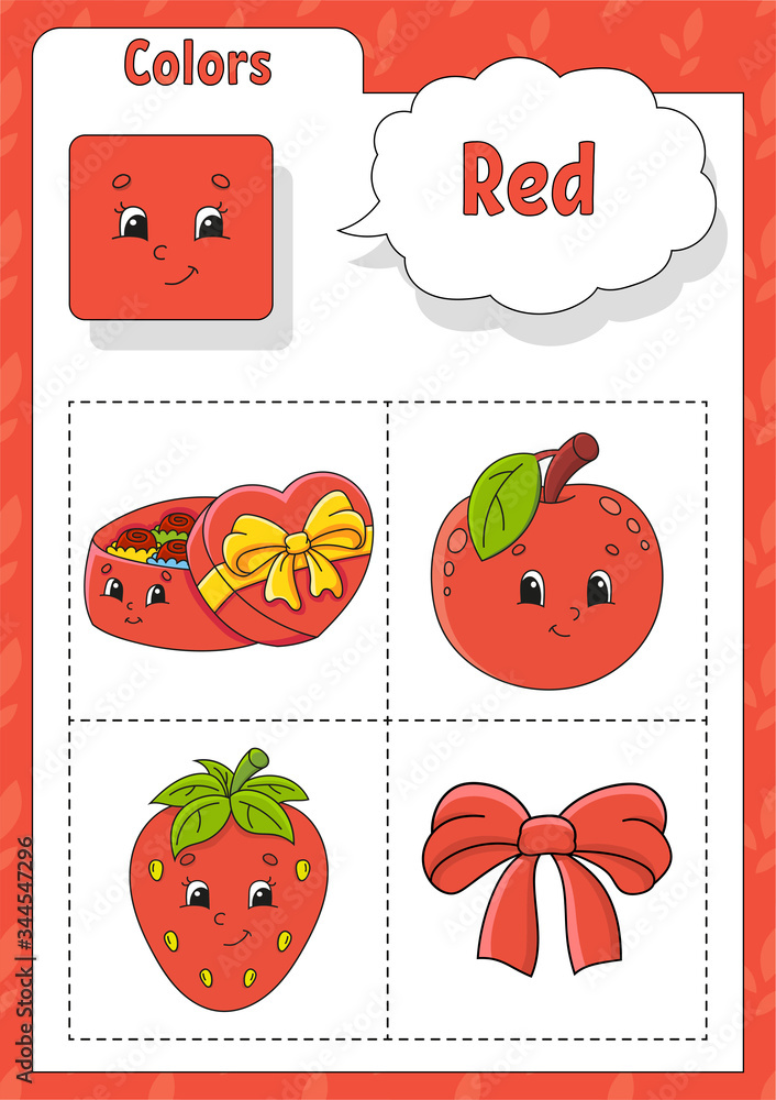 Learning colors. Red color. Flashcard for kids. Cute cartoon characters ...