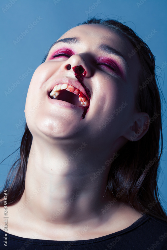 problem depressioned teenager with bleeding nose, real junky close up ...