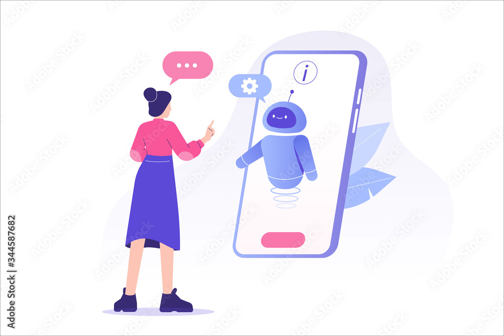 Chatbot ai and customer service concept. Young woman talking with chatbot in a big smartphone ...
