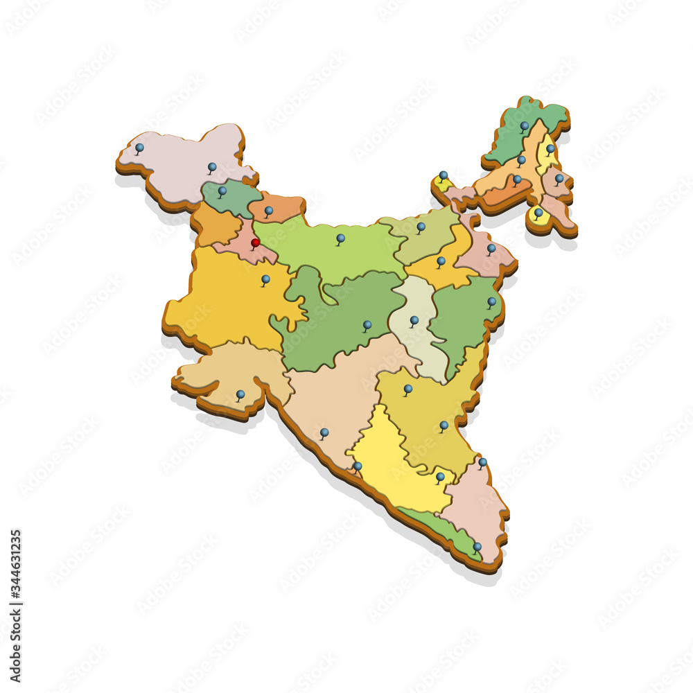 Isometric 3D map of the India with regions. Isolated political country ...