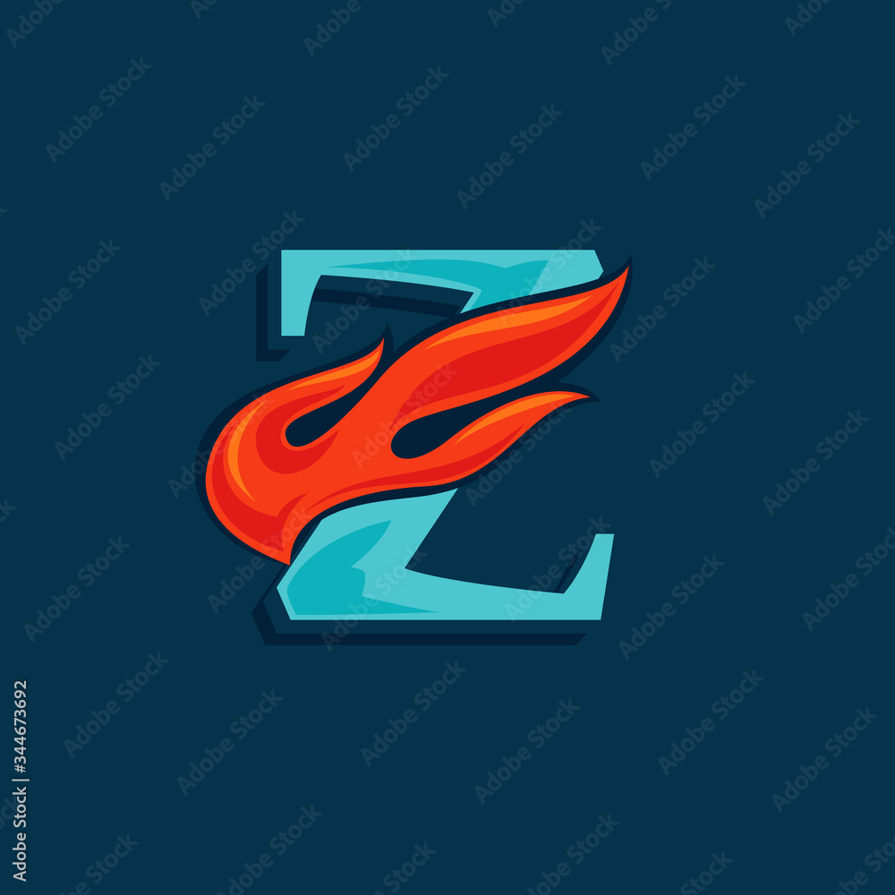 Letter Z logo with fast speed fire. Vintage serif font with line shadow ...