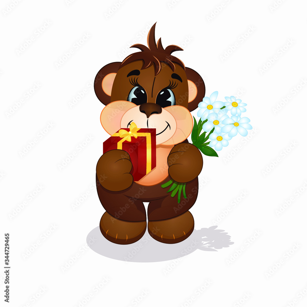 Cute brown Teddy bear holding a bunch of daisies and a gift with a ...