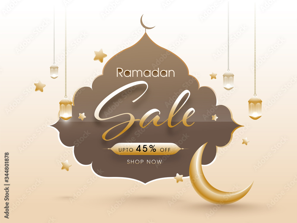 Ramdan Sale concept with crescent moon and hanging lanterns. Islamic ...