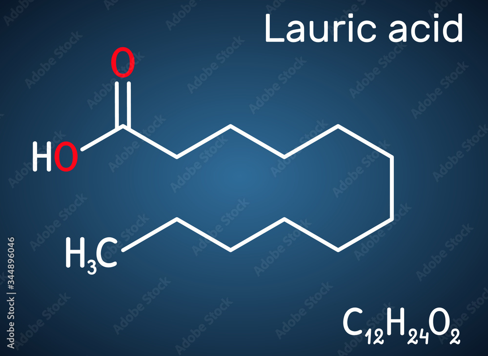 Lauric acid, dodecanoic acid, C12H24O2 molecule. It is a saturated ...