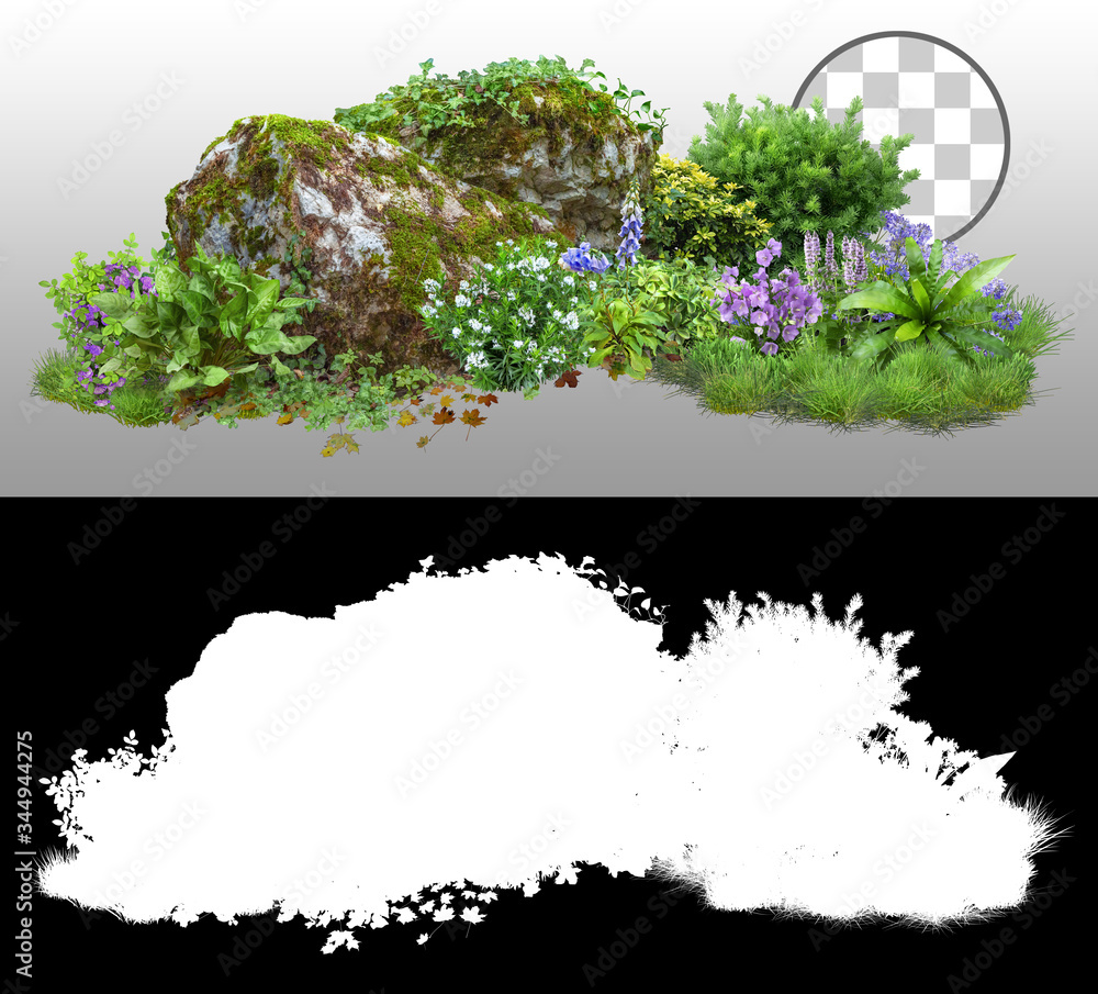 Cutout rock surrounded by flowers. Garden design isolated on ...