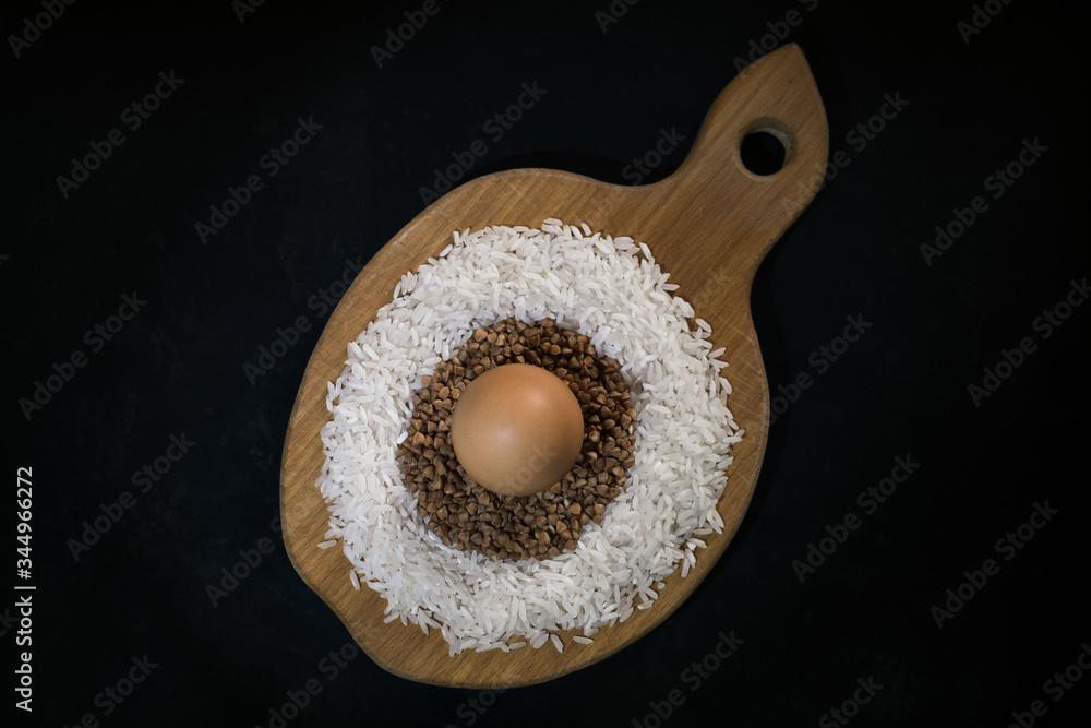 Healthy diet. lifestyle, daily food plan. Rice, buckwheat, egg on a ...