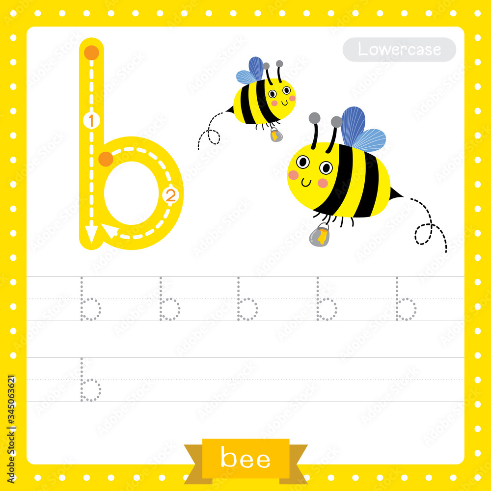 Letter B lowercase tracing practice worksheet. Happy Bee flying Stock ...