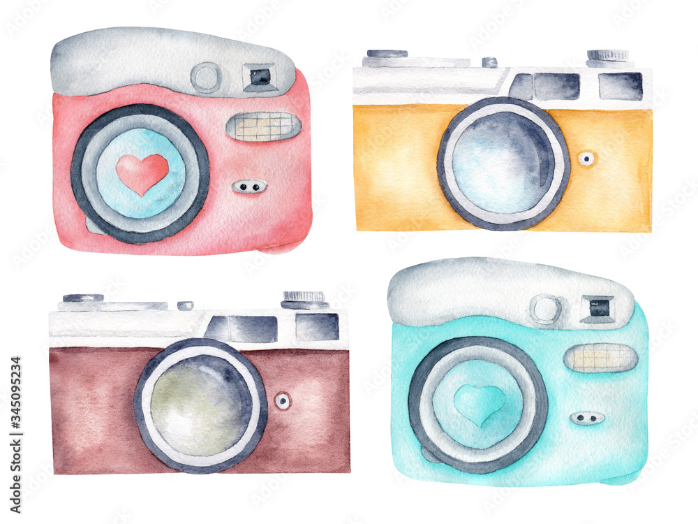 Vintage retro cameras watercolor clipart. Illustration for photography ...
