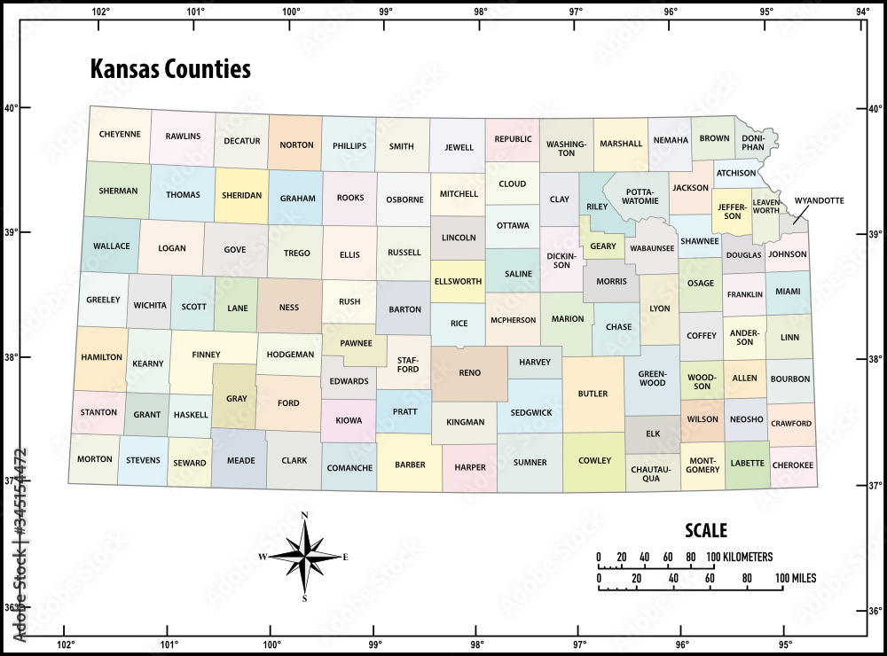 Kansas state outline administrative and political vector map in color ...
