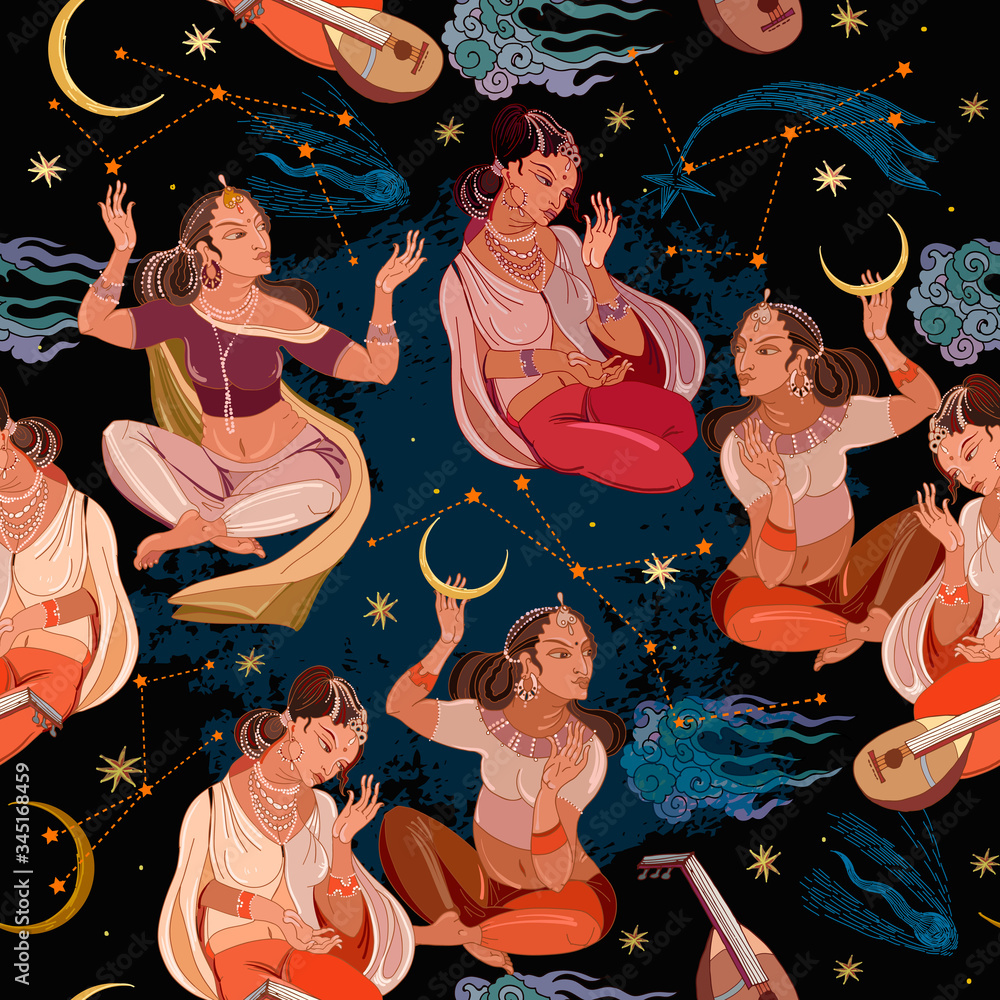 Scheherazade tell fairy tales in moonlight night. Seamless pattern ...