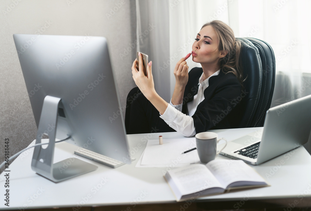 Tired lazy woman office worker loafing at workplace. Boring work in the ...