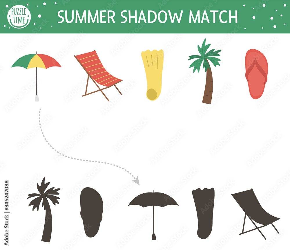 Summer shadow matching activity for children. Preschool sea vacation ...