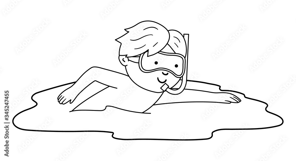 Vector black and white kid swimming in the sea. Child doing beach ...