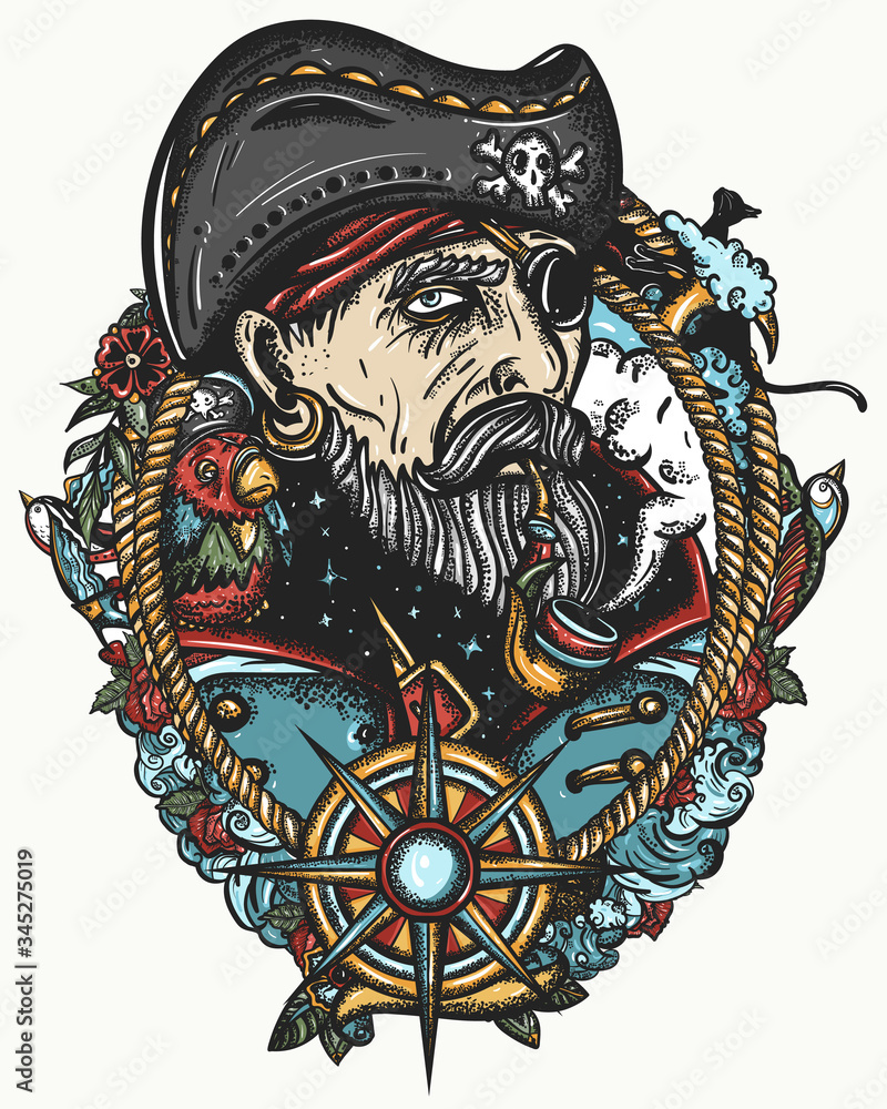 Old pirate captain smocking pipe. Elderly sea wolf, parrot, compass ...
