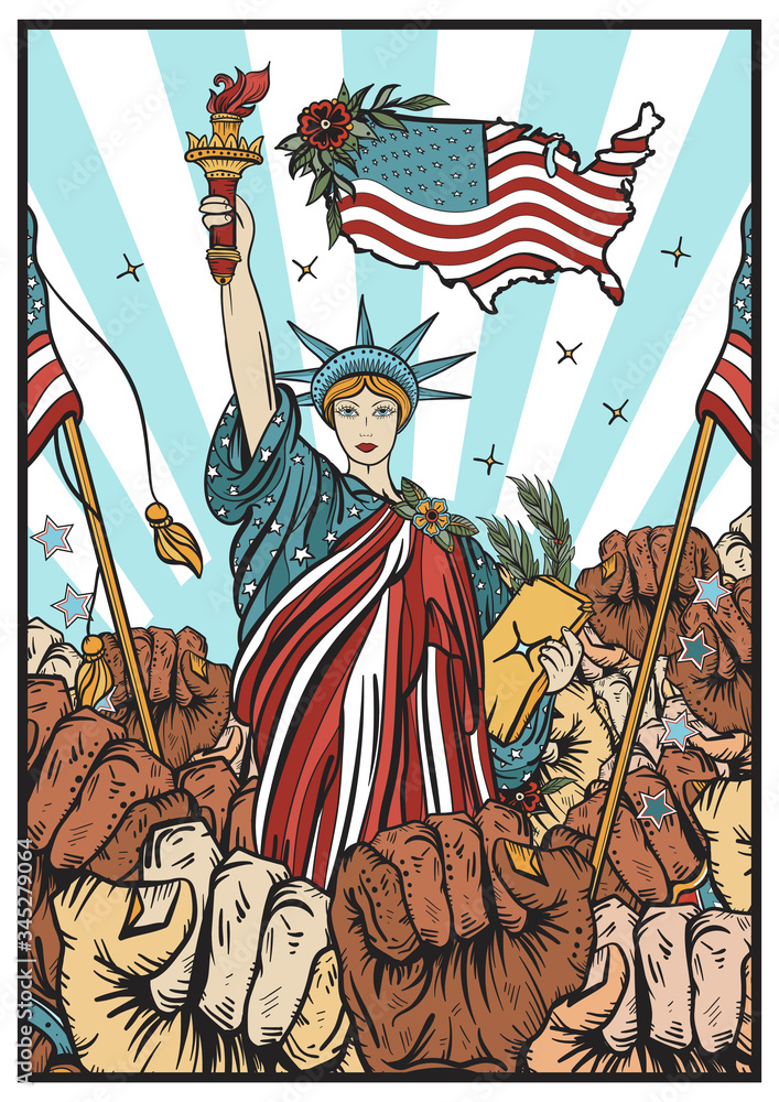 USA propaganda poster. Statue of liberty and fist raised in air. Fight ...