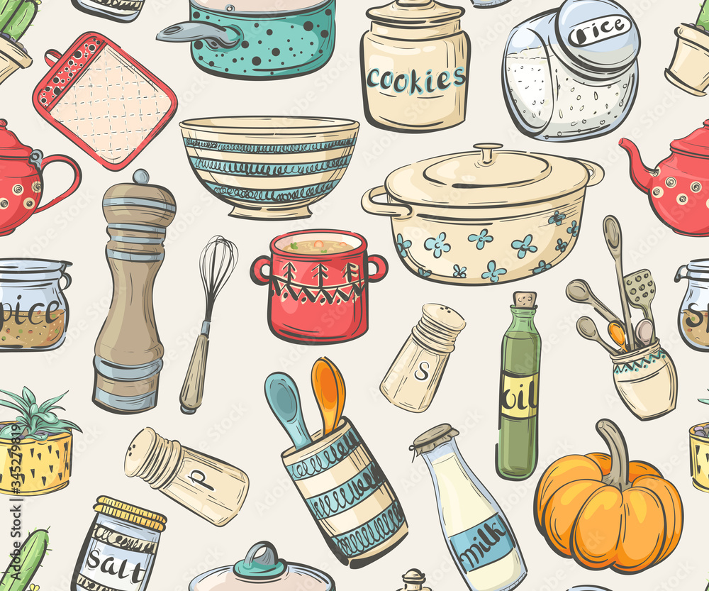 Seamless pattern with cooking utensils, dishes and food Stock Vector ...