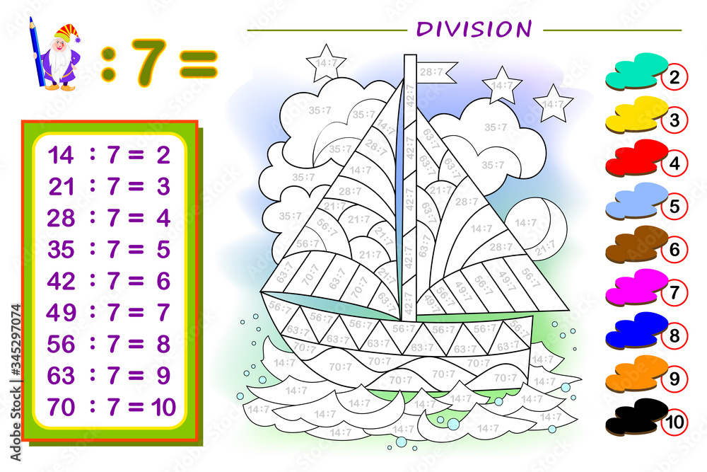 Exercise for kids with division by number 7. Paint the sailboat ...