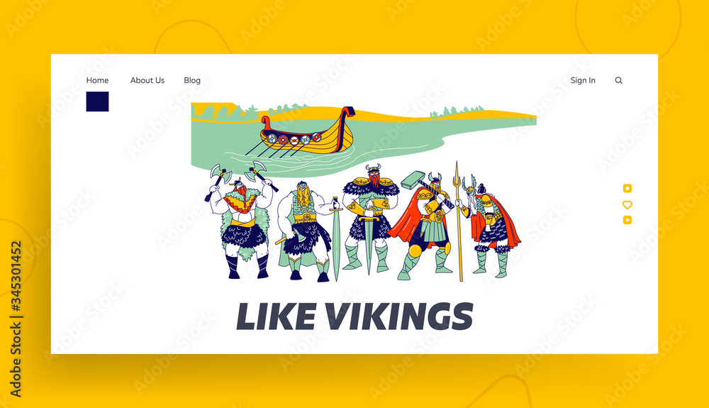 Vikings Landing Page Template. Male Characters Wearing Skins, Helmets ...