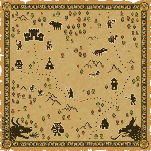 Medieval fantasy RPG map with an ornate dragon frame, trees, mountains ...