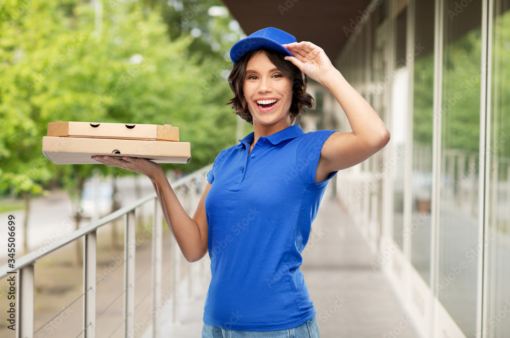 food, service and job concept - happy smiling delivery girl in blue ...