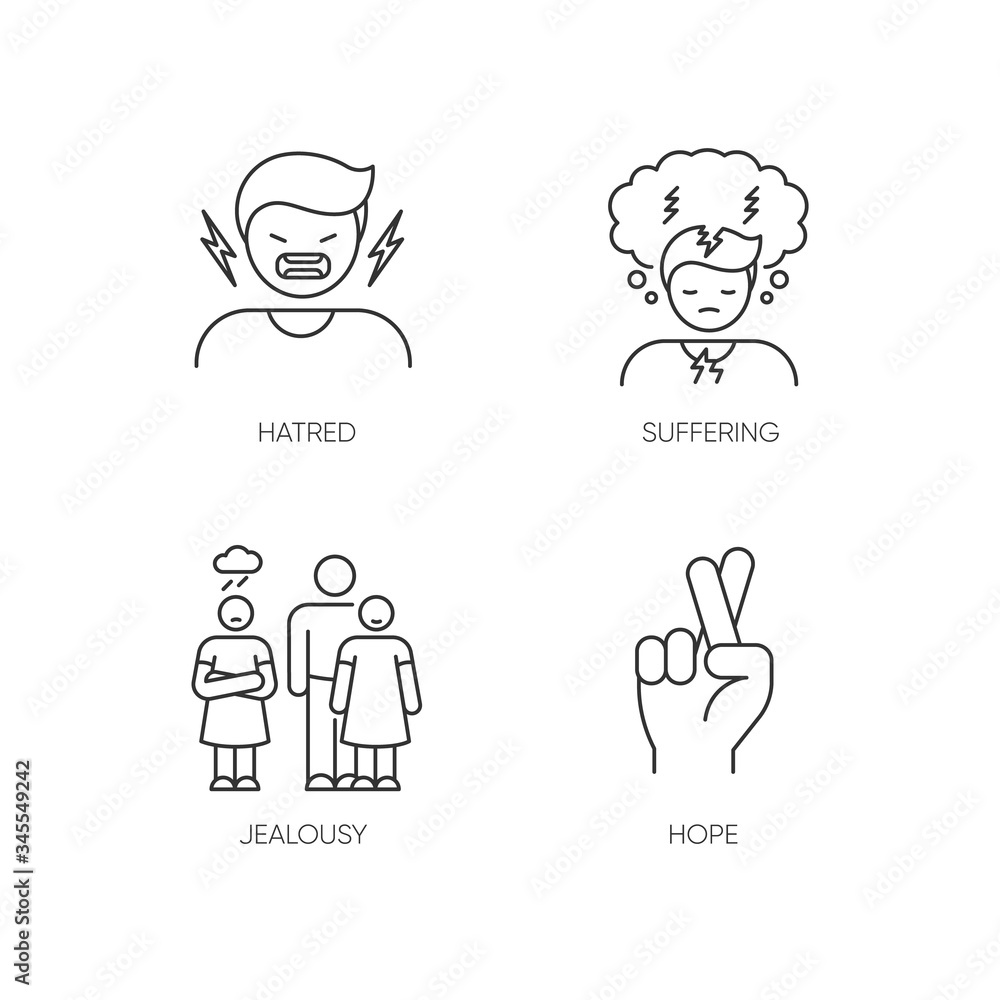 Psychological problem pixel perfect linear icons set. Man scream ...