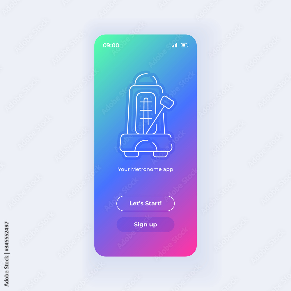 Metronome application smartphone interface vector template. Mobile app page light design layout ...