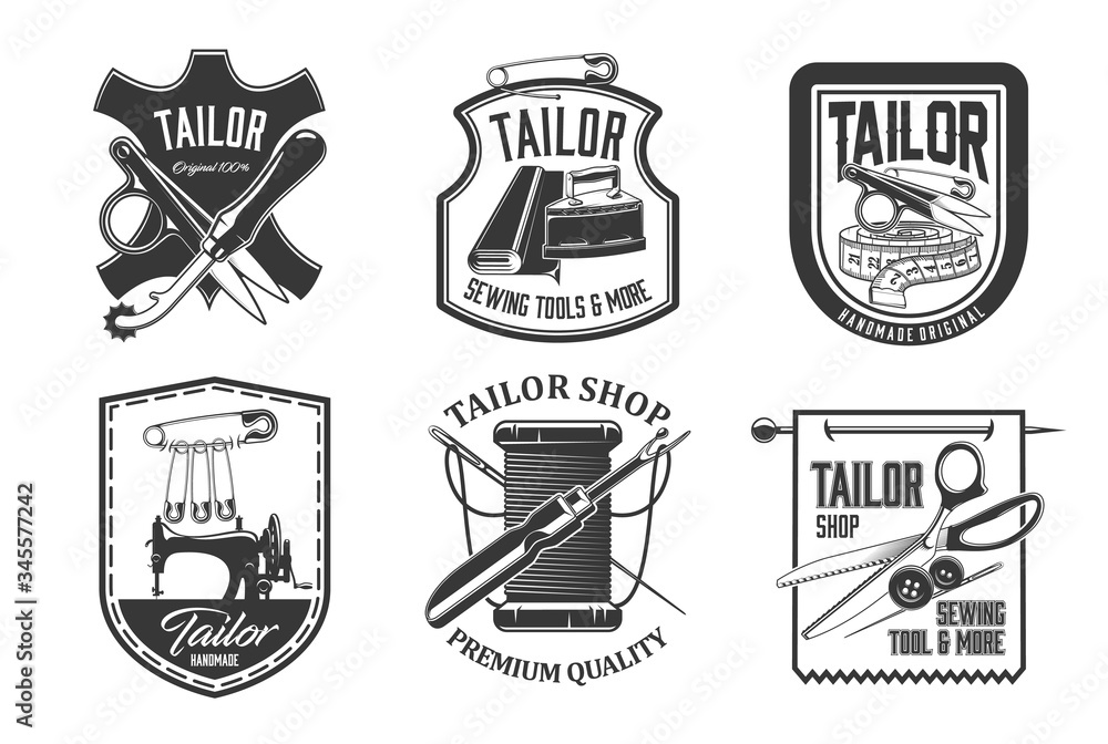 Vektor Sewing icons, tailor shop needle ans sewing machine, vector ...