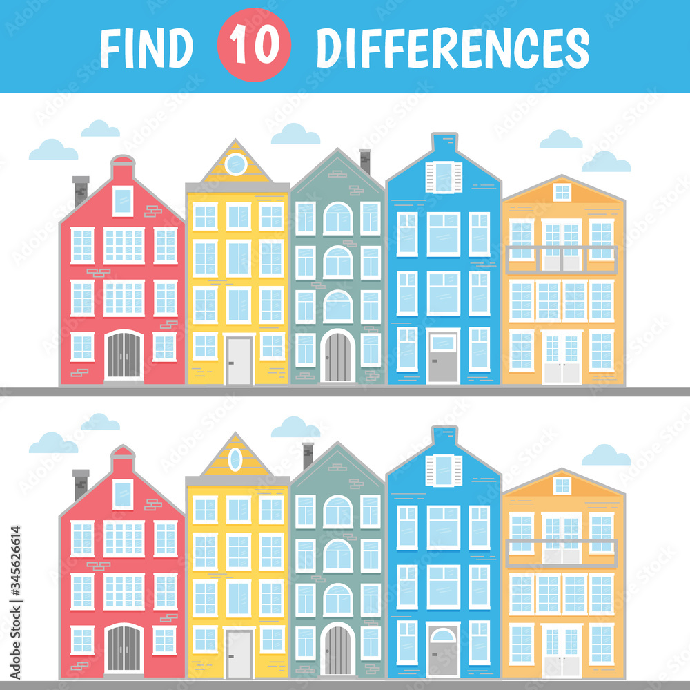 Find ten differences. Mindfulness game for children and adults. Houses ...
