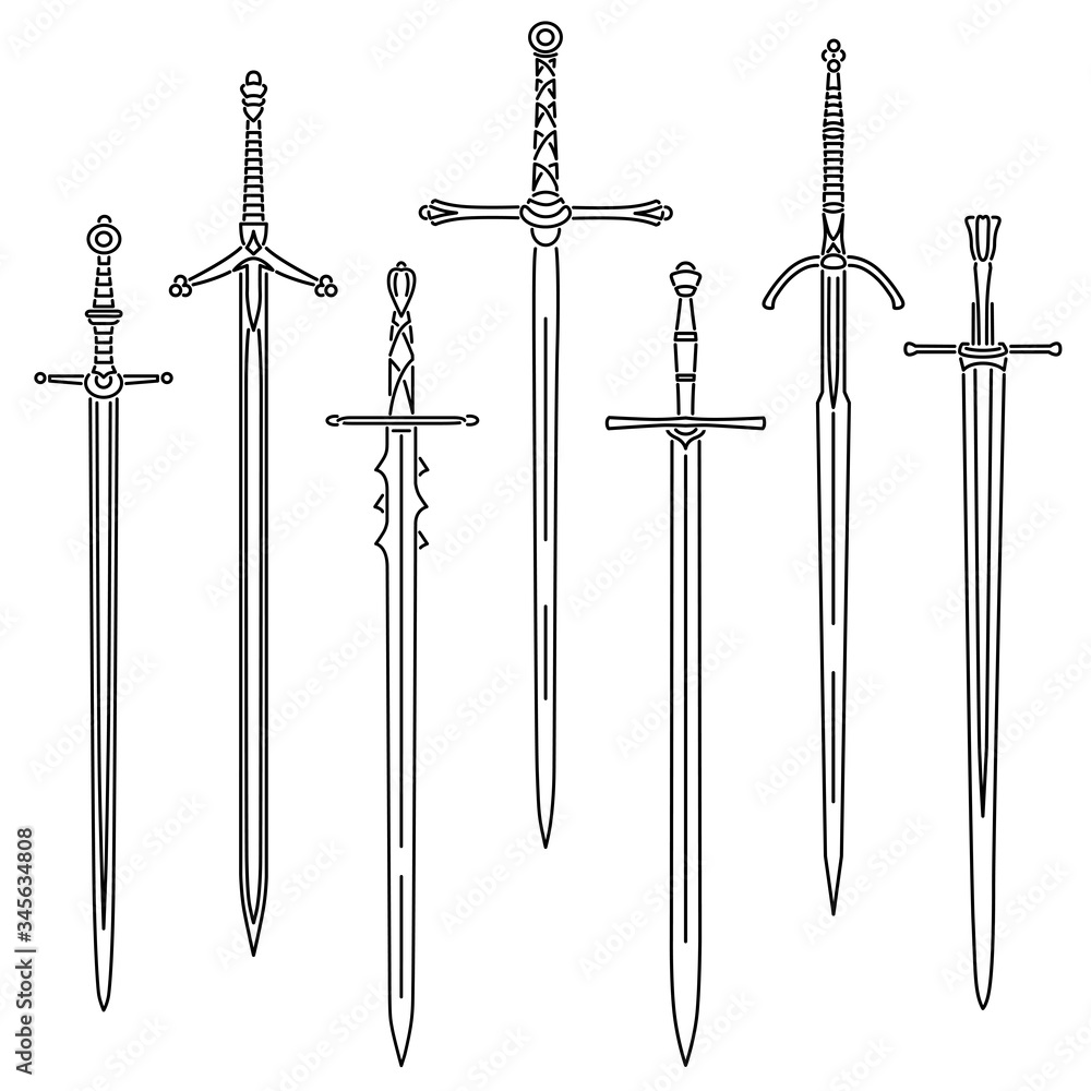 Set of simple vector images of medieval two-handed swords drawn in art ...