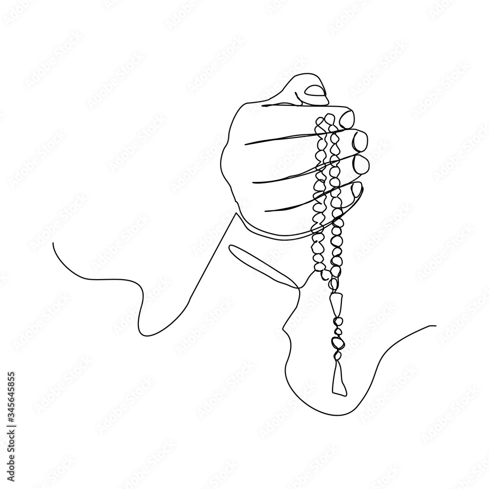 Continuous line drawing of palm hand hold islamic prayer bead. Single ...