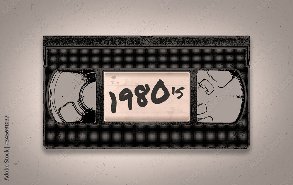 A retro 1980's themed old black VHS video tape illustration background ...