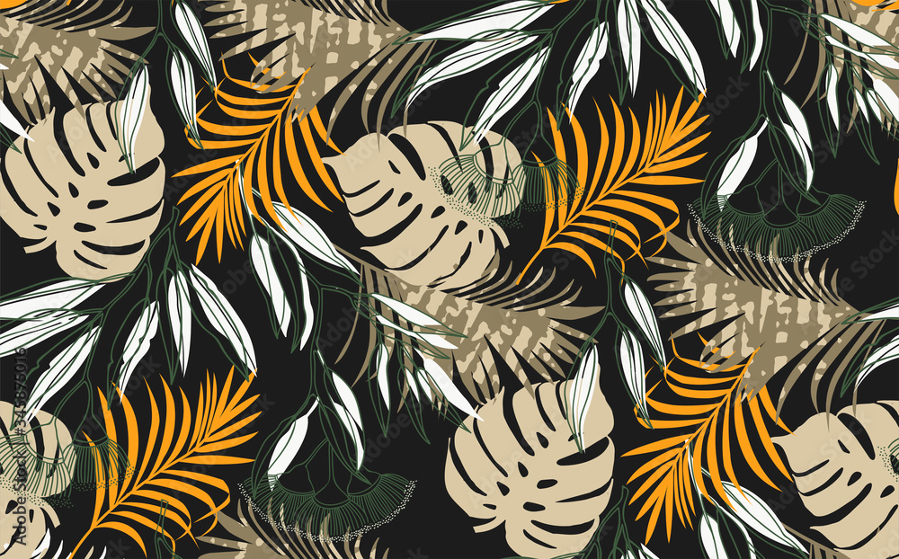 Seamless pattern of tropical leaves, dense jungle green khaki colors ...