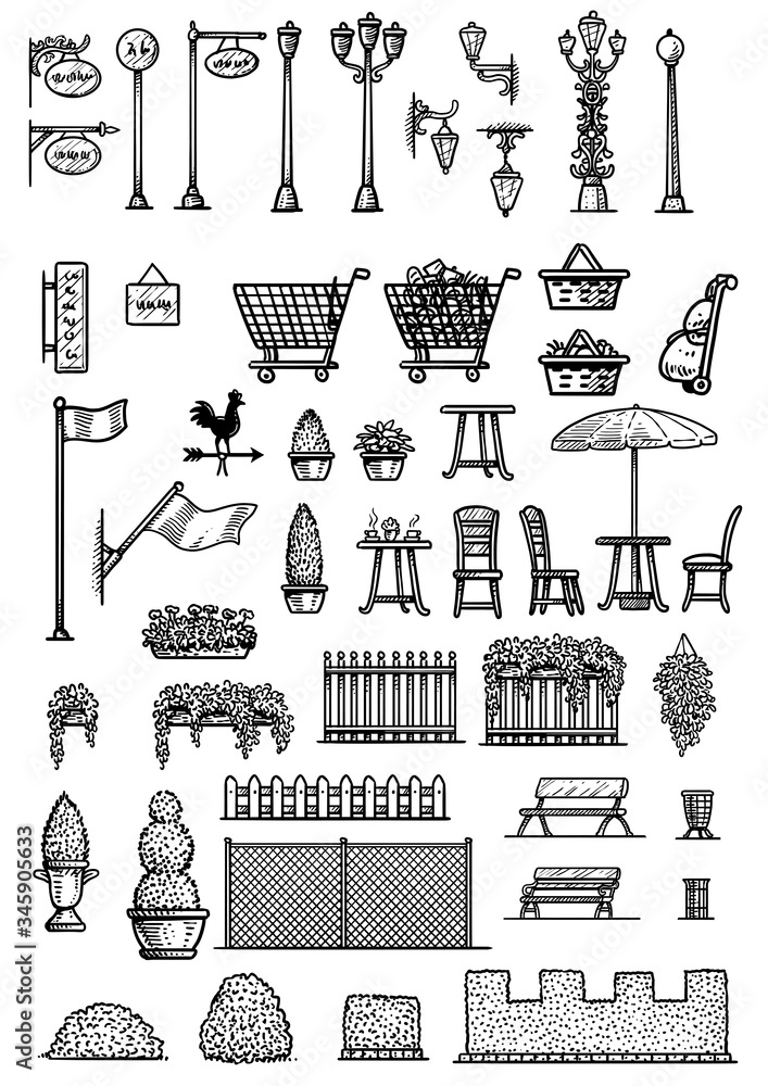 City map elements illustration, drawing, engraving, ink, line art ...