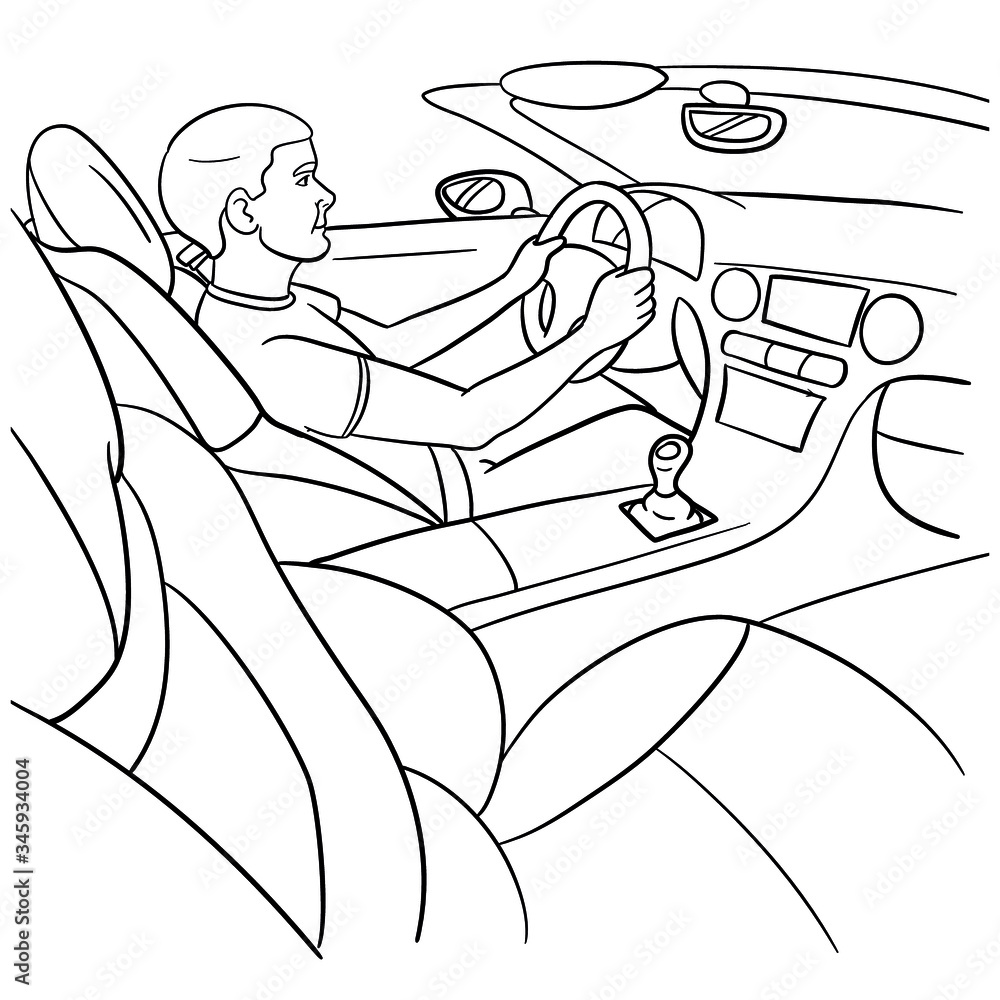 Monochrome vector illustration of a man sitting and driving in the car ...