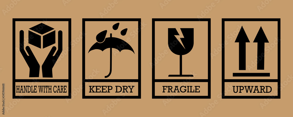 Fragile box, cargo warning vector signs. Set of fragile package icons, handle with care ...