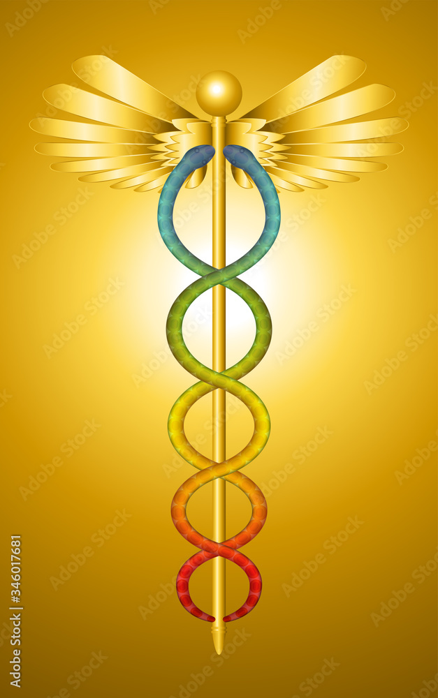 Caduceus, traditional greek symbol of Hermes Trismegistus, golden staff ...