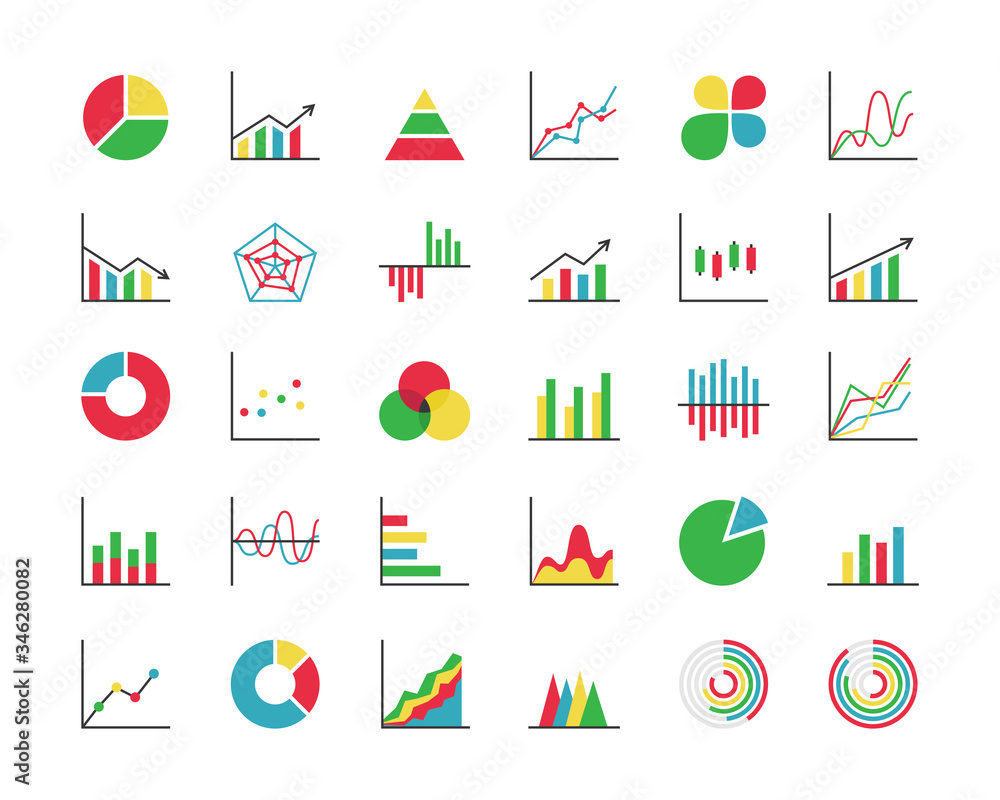 Business statistics colorful icon set. Collection of 30 abstract graphs ...