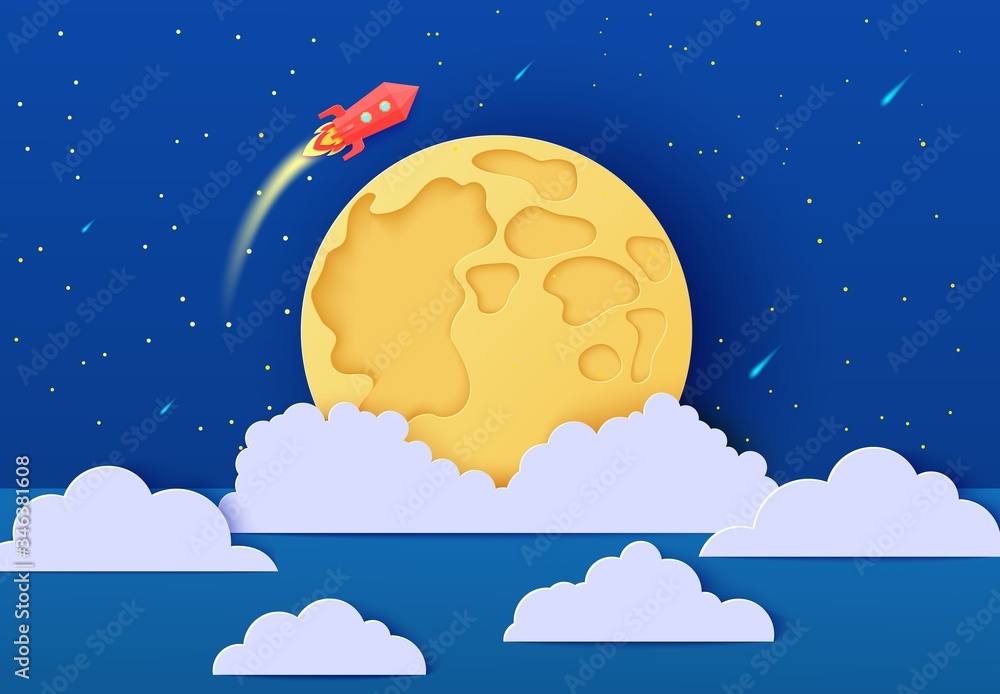 Red rocket launch in space in paper cut style. Absrtact galaxy universe ...