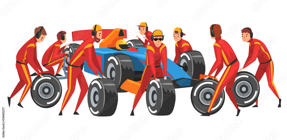 Pit Stop Crew Members in Red Uniform Changing Tire Wheels Cartoon ...