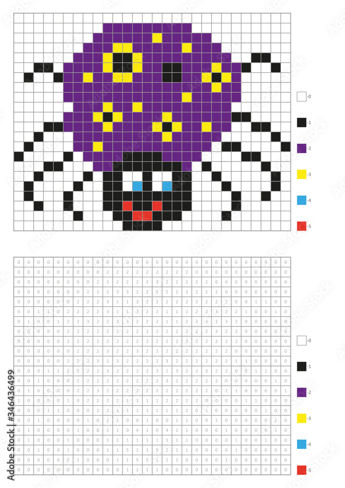 Vektor Kids coloring page, pixel coloring cartoon spider. Vector ...