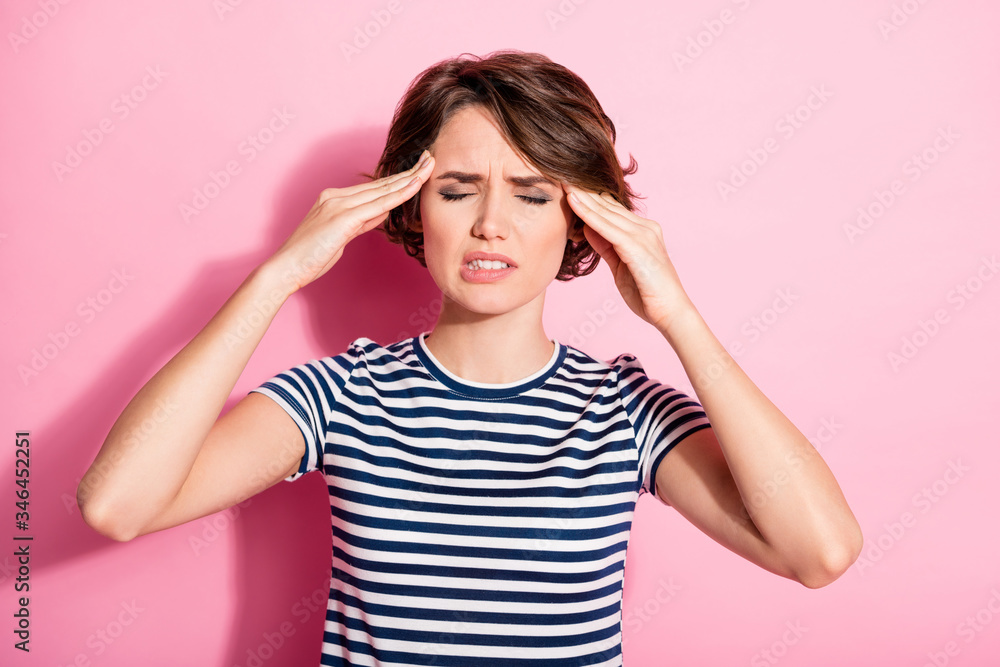 Portrait of frustrated negative girl suffer from hyper tension migraine ...