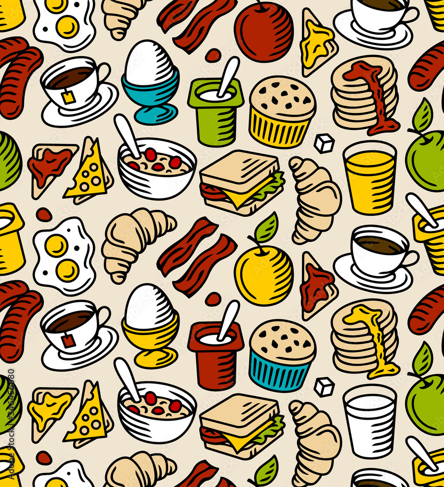 Continental breakfast vector seamless pattern for menus of cafe ...
