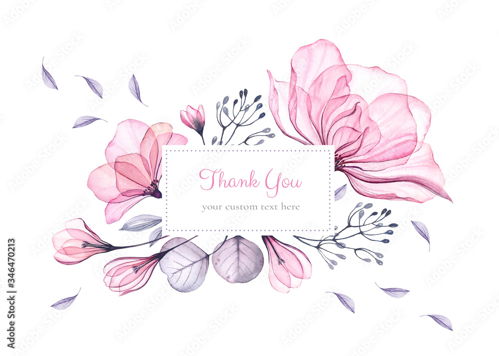 Watercolor floral Thank you card template. Bouquet with big pink roses ...