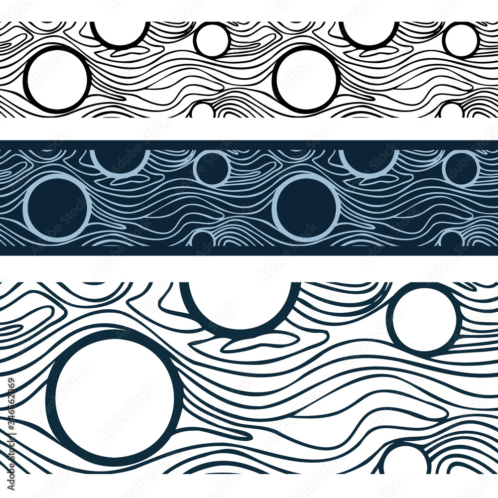 Abstract seamless border patterns. Simple curved line and circle ...