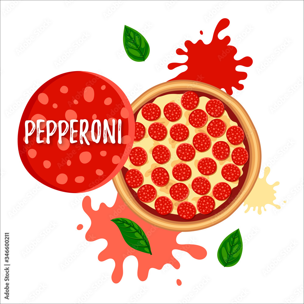 Hot pizza pepperoni design concept. Flat tasty traditional italian fast ...