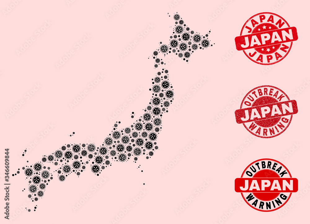 Vektor Outbreak collage of infection mosaic Japan map and grunge seals ...